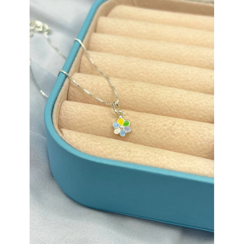 Colares 40cm em prata 925, corrente V12, flor azul, flor colorida ...