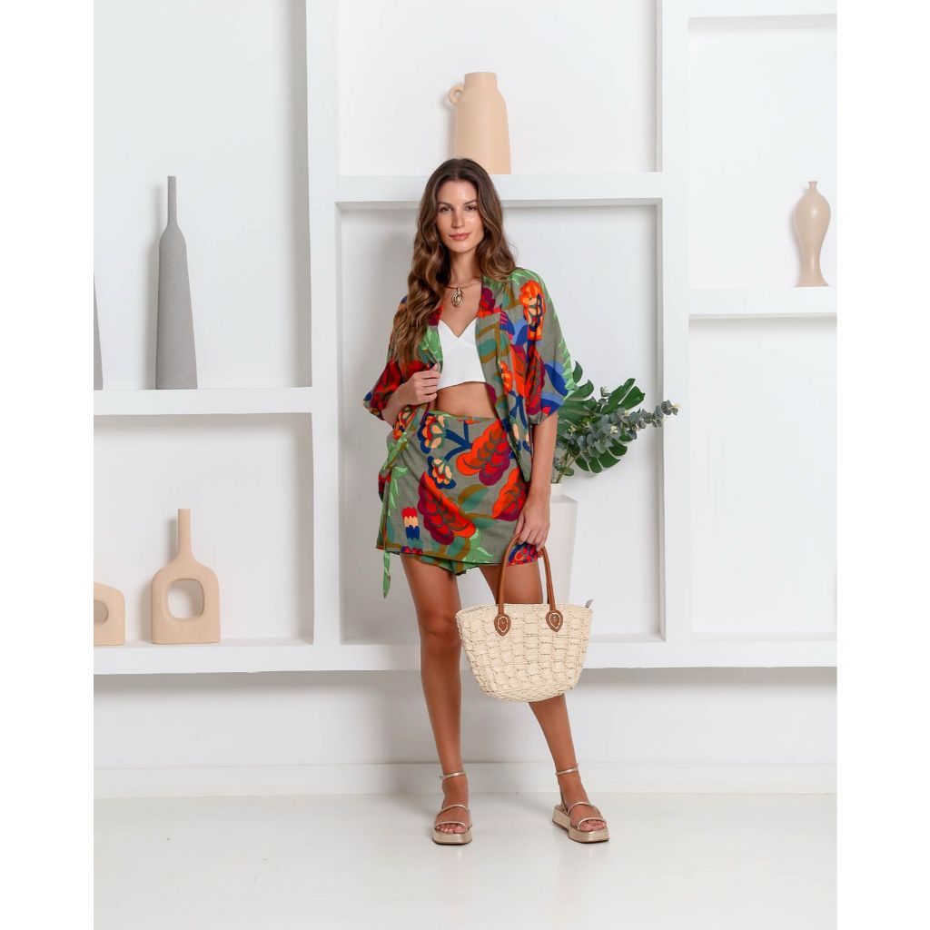 conjuto femenino de kimono de short e saia manga,3/4 soltinho 100% ...