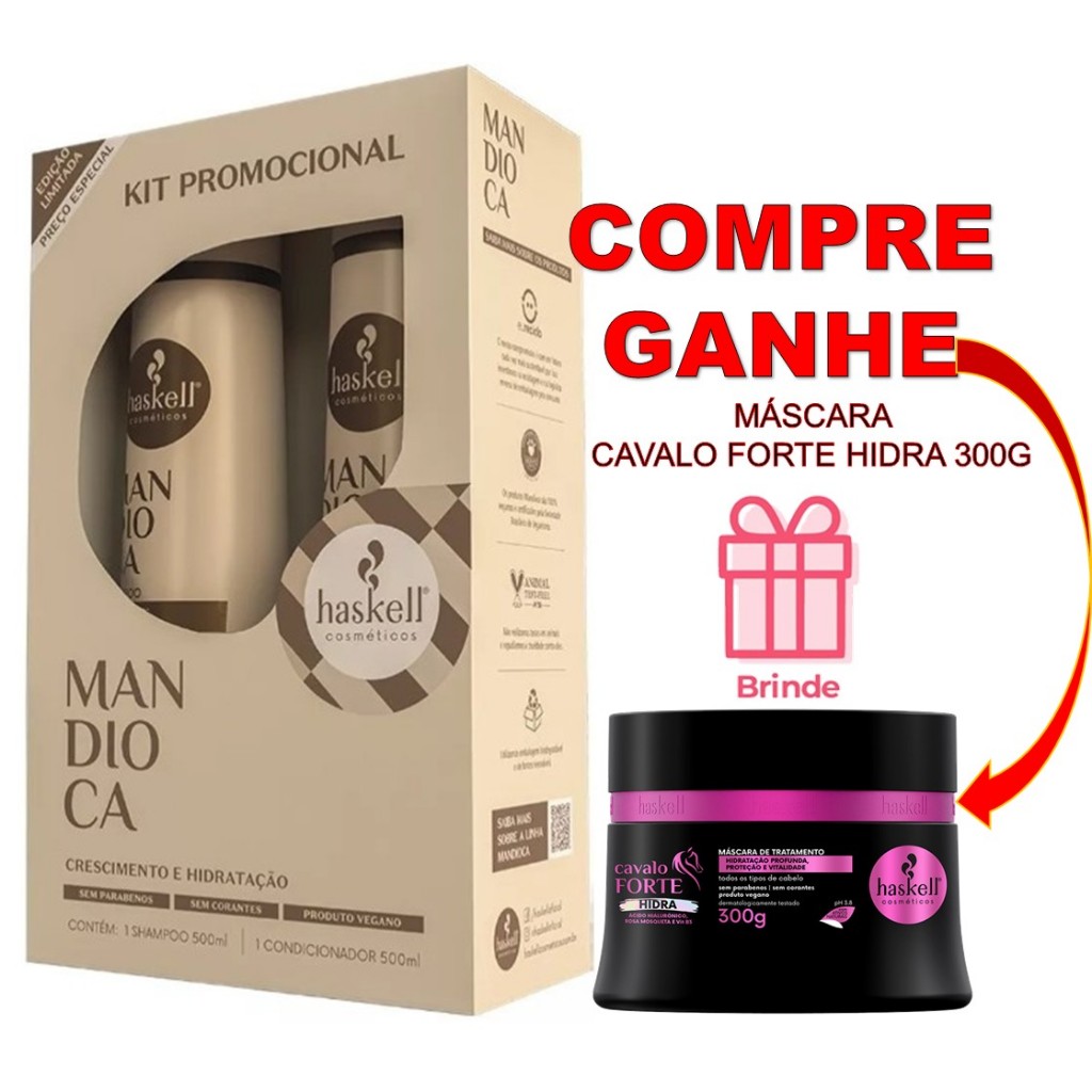 KIT PROMOPACK MANDIOCA 500ML - SH + CONDIC + BRINDE MASCARA CAVALO HIDRA 300G | Shopee Brasil