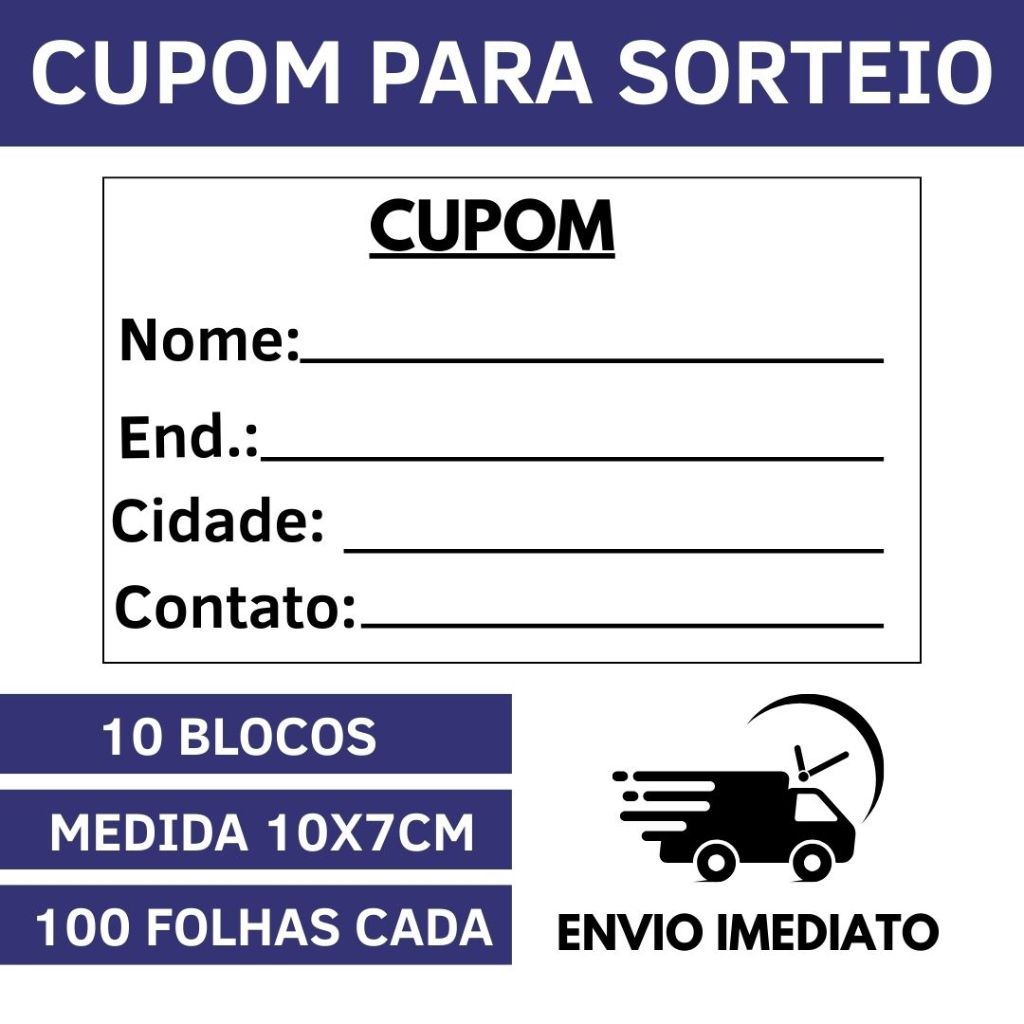 Kit 10 Blocos de cupom para sorteio 100 folhas 10x7 sem personalização ...