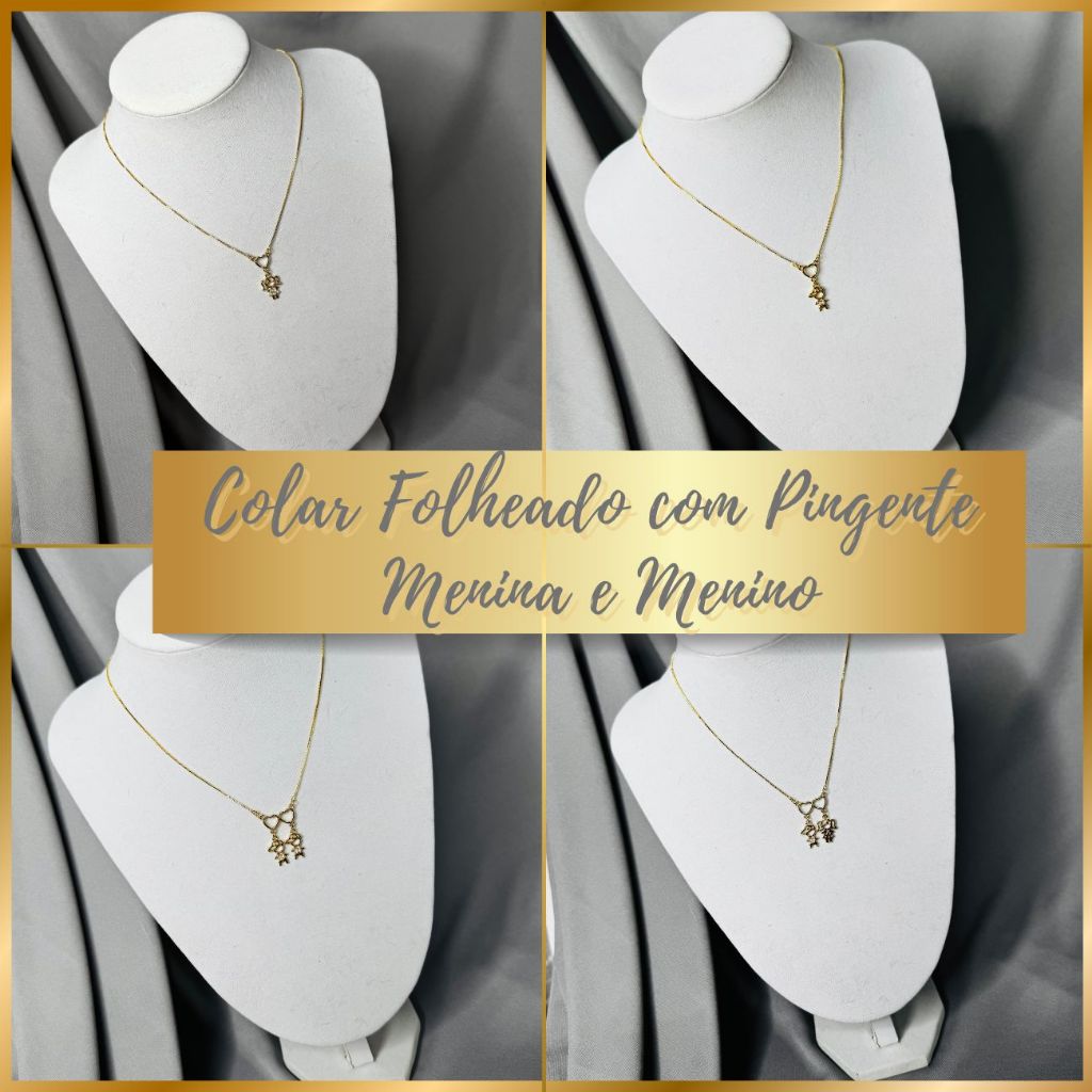 Colar Com Pingente Folheado Feminino Dourado Menina Menino Casal Para o ...