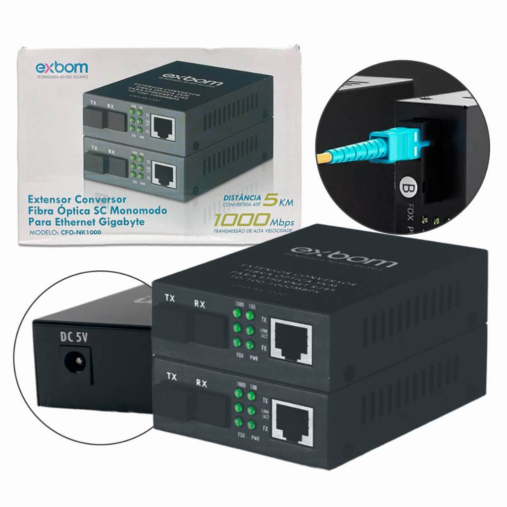 Kit com 2 Extensores Conversor de Fibra Óptica 5 KM-EXBOM SC para Ethernet Gigabyte RJ45 10/100 ...