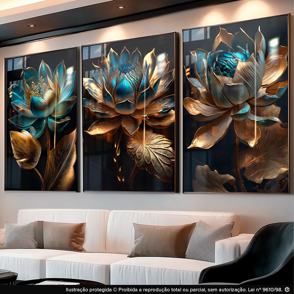 Quadros Decorativos Flor de Lótus Dourado Turquesa Fundo Escuro Luxuoso ...
