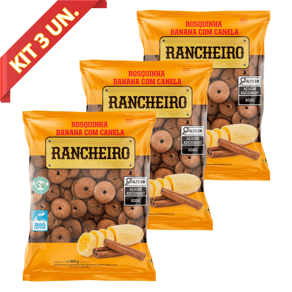 Rosquinha de Banana Com Canela Kit Combo 03 Un. Rancheiro 300g Zero Lactose Biscoito Doce Tipo ...