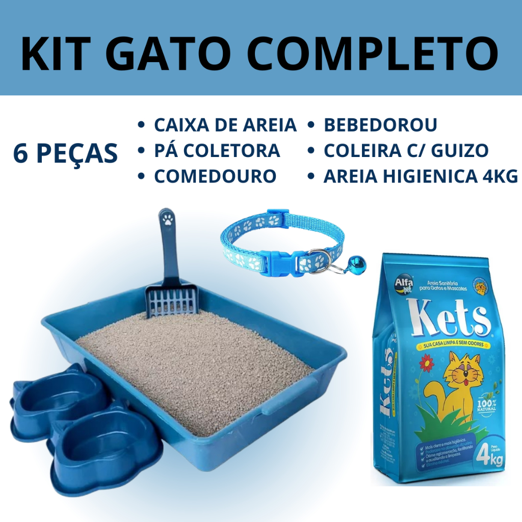 Kit Completo Gato 6 Peças Caixa de Areia de gato, Bebedouro, Comedouro ...