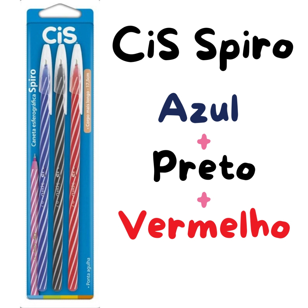 Kit Caneta Cis Spiro c/ 3 Cores Básicas Azul Preto Vermelho Escolar ...