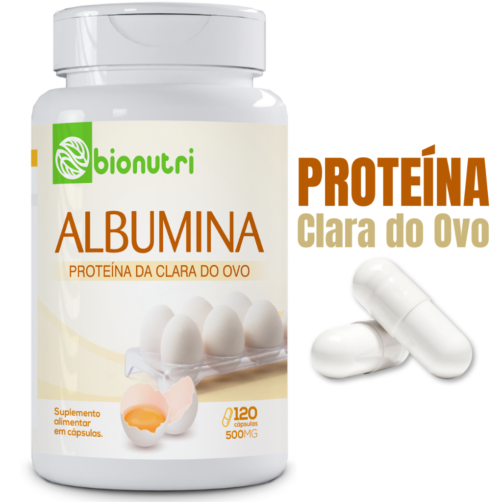 Albumina 60 120 Cápsulas Bionutri 500mg Proteína Clara do Ovo Ganho de ...