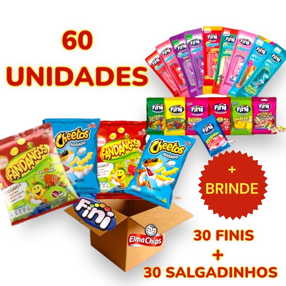 KIT 30 SALGADINHOS ELMA CHIPS + 30 BALAS FINI | Shopee Brasil