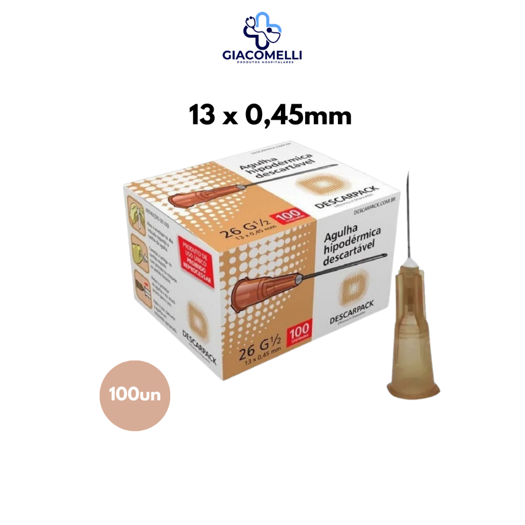 Agulha Hipodérmica Descartável 13 x 0,45mm 26G 100 unidades - Descarpack | Shopee Brasil