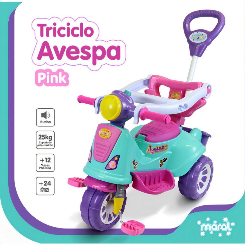 Triciclo Infantil Avespa Maral Com Empurrador Proteção Lateral Pedal ...
