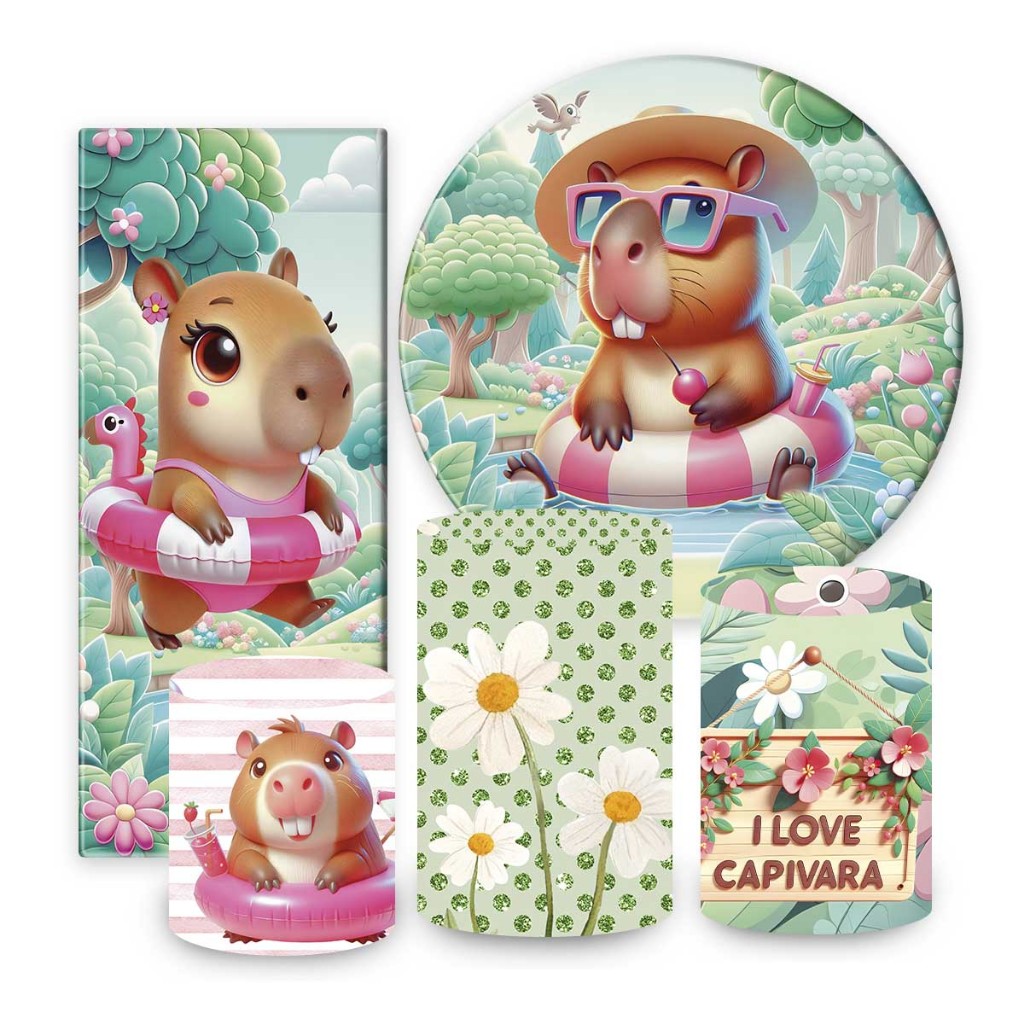 Kit Painel de festa Capivara, painel redondo, capa de cilindro e portal ...