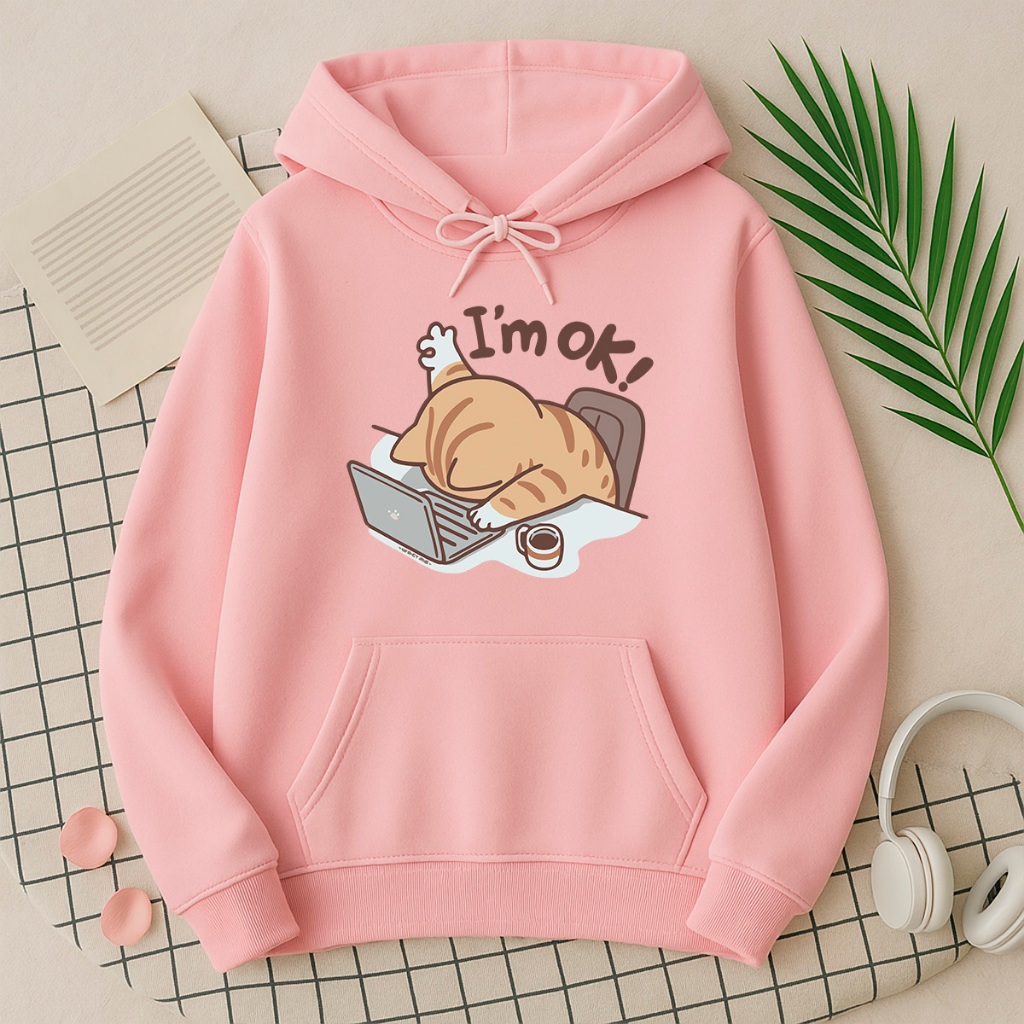 Moletom Feminino I'm Ok Gatinho Inverno Liso Estiloso com Capuz Grosso ...