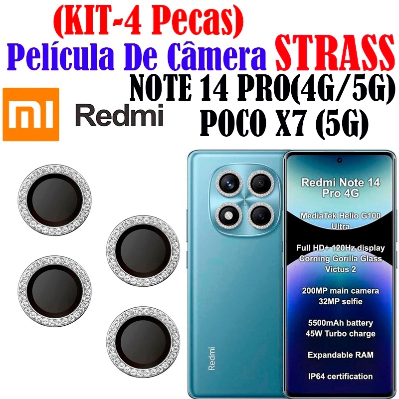 Kit (4 Pecass)Película Câmera STRASS Note 14 Pro 4G/5G/X7 5G POCO Redmi ...