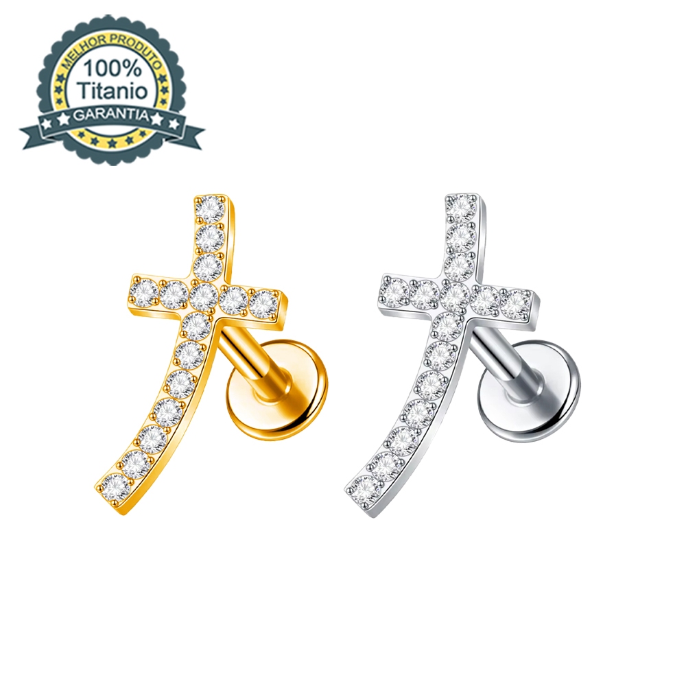 PIiercing Labret Curvar Cruz Titânio Zircônias Helix, Tragus, Conch ...