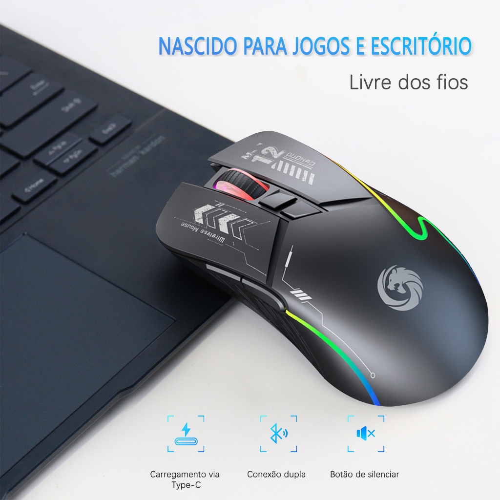 Uniwity Mouse Sem Fio Recarregável Bluetooth com LED RGB, Design Ergonômico e Clique Silencioso ...
