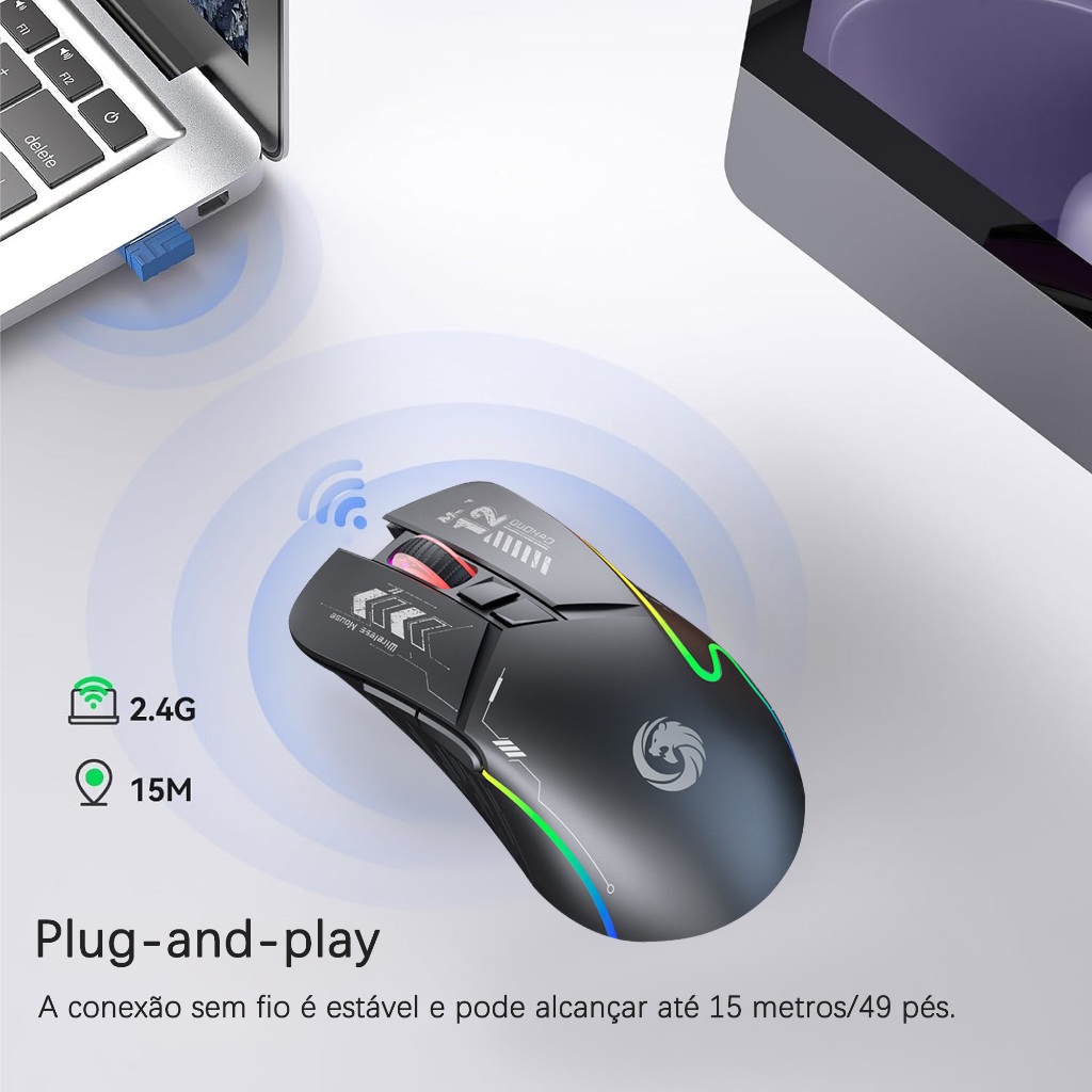 Uniwity Mouse Sem Fio Recarregável Bluetooth com LED RGB, Design Ergonômico e Clique Silencioso ...