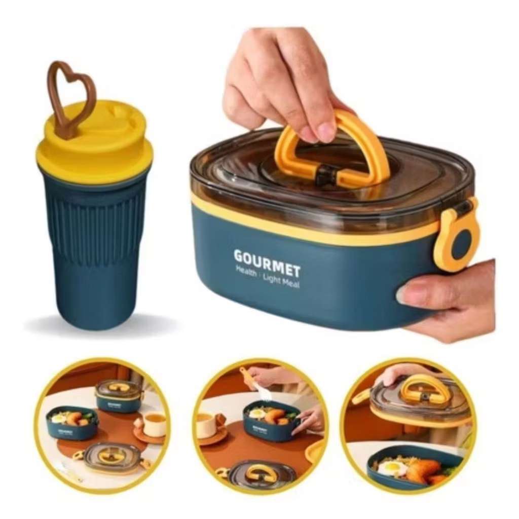 Kit Marmita Gourmet 800ml Tampa com Trava Garfo Colher e Copo com Tampa ...