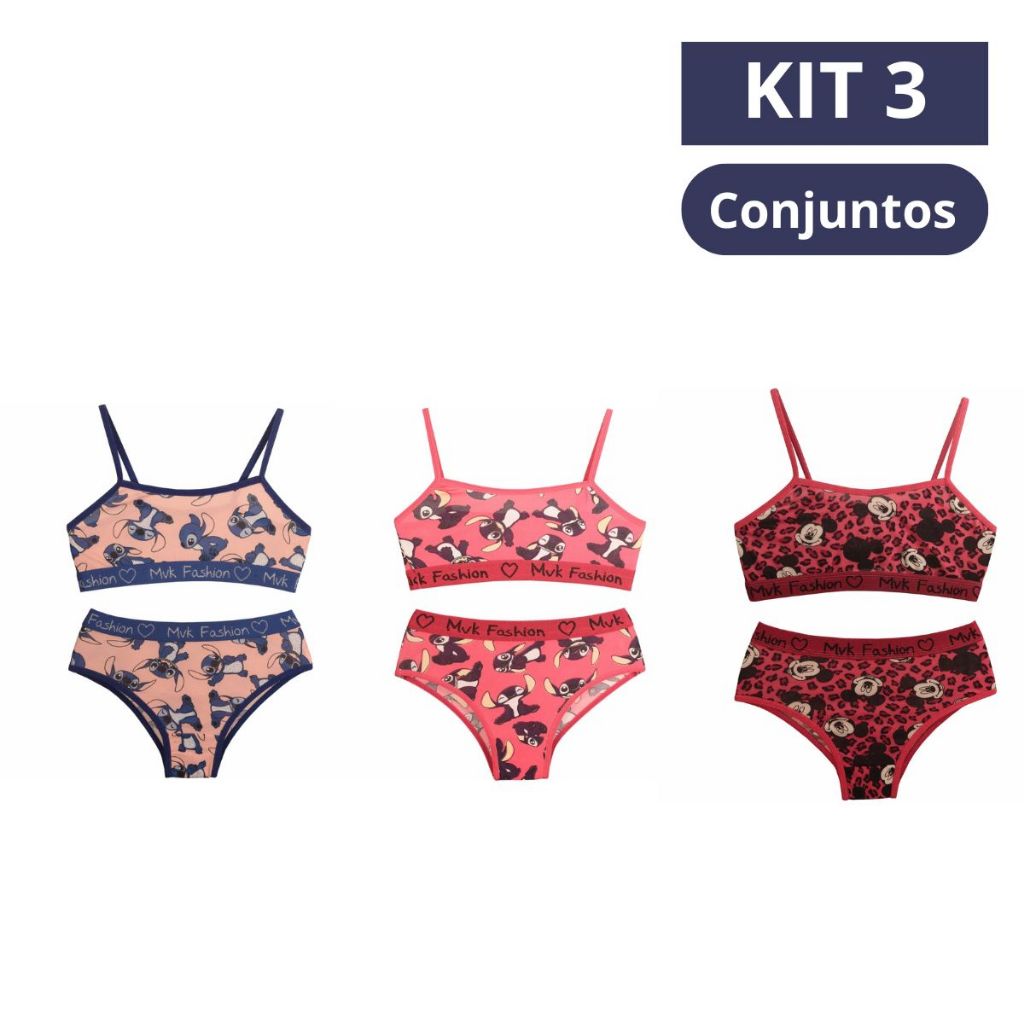 Kit 3 Conjuntos Calcinha e Sutiã Juvenil | Moda Íntima Infantil Menina ...