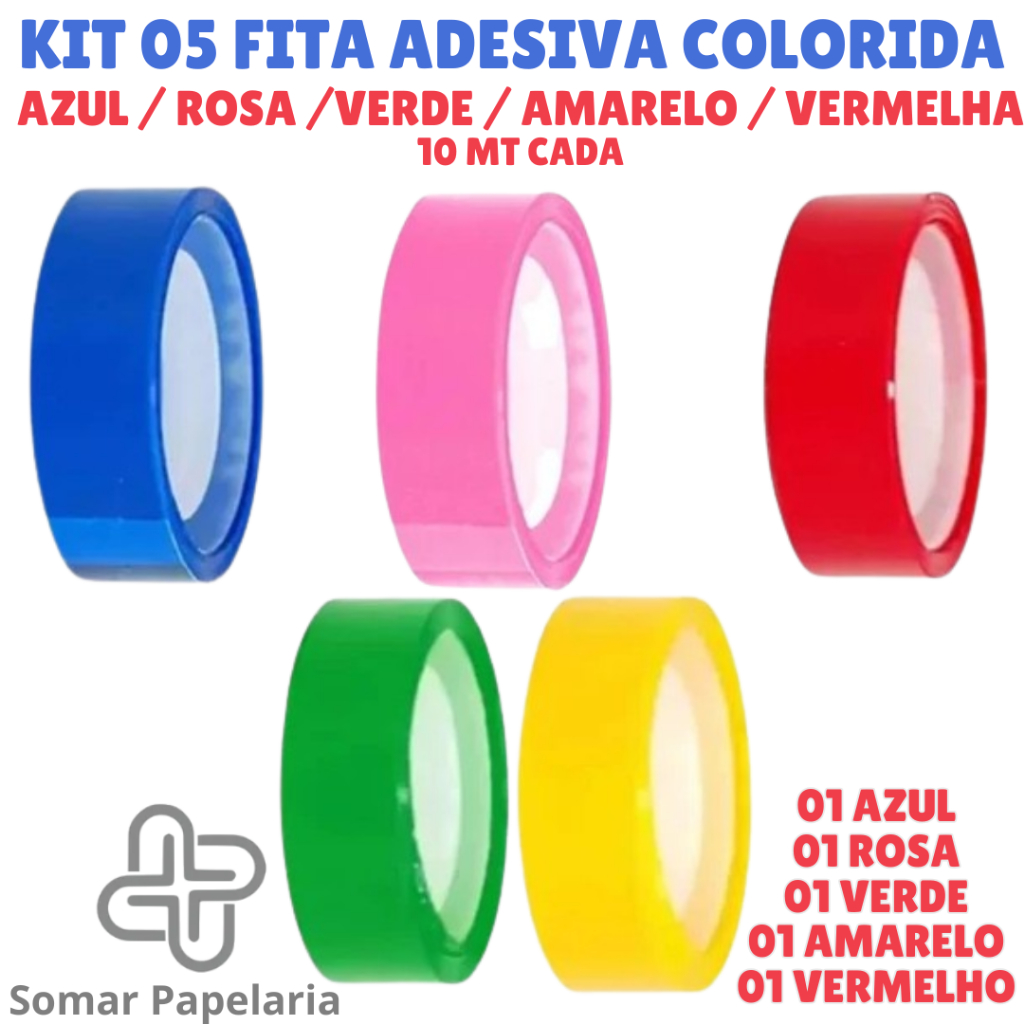 Fita Adesiva 12 mm x 10 m Colorida (Kit 4 ou 5 Unidades) Durex Colorido ...