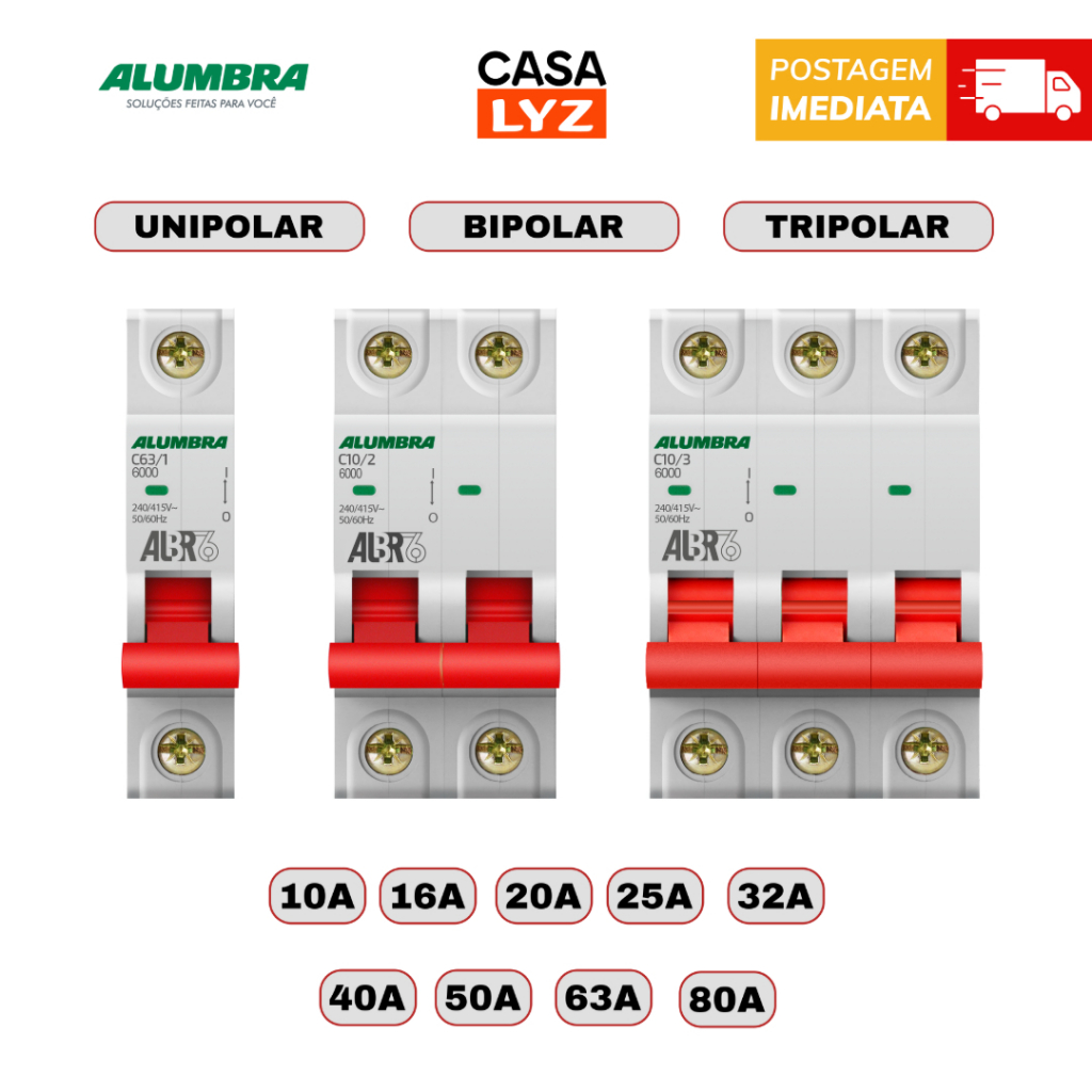 Disjuntor Unipolar/Bipolar/Tripolar 10A a 80A Curva C Alumbra | Shopee ...