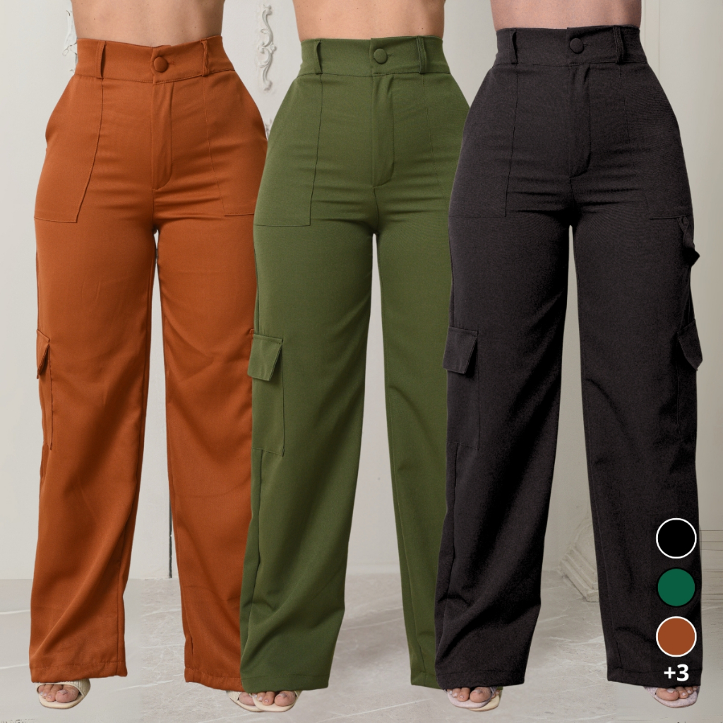 Calça Social Feminina Modelo Pantalona Alfaiataria Cargo Wide Leg Calsa ...