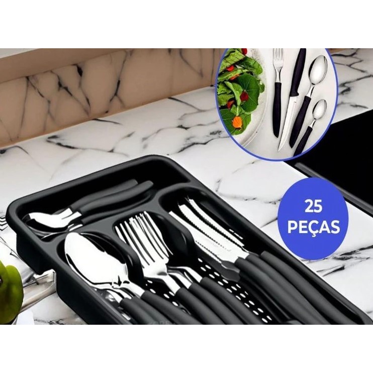 Jogo de Talheres 25 Peças Cabo de Plástico Aço Inox Conjunto Faqueiro ...
