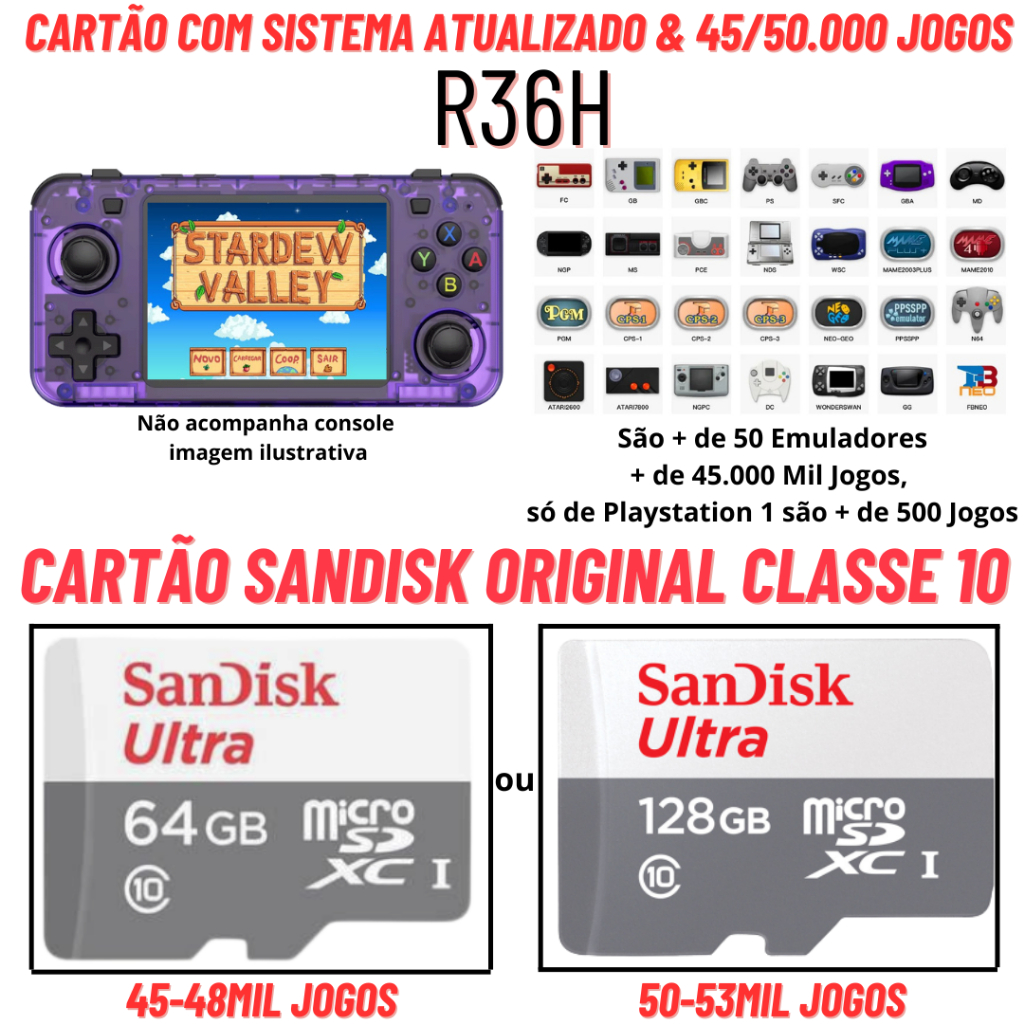 Cartão com Sistema Arkos e Jogos para R36H e R36S Cartão Sandisk Original Classe 10 | Shopee Brasil