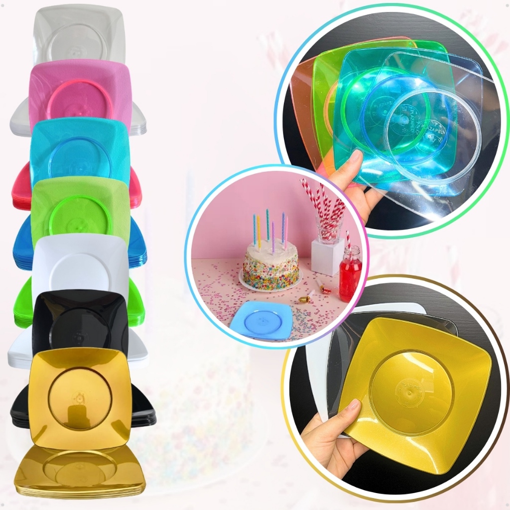 Kit 50 Pratinho Prato Acrílico 15cm Quadrado Bolo Sobremesa Rígido ...