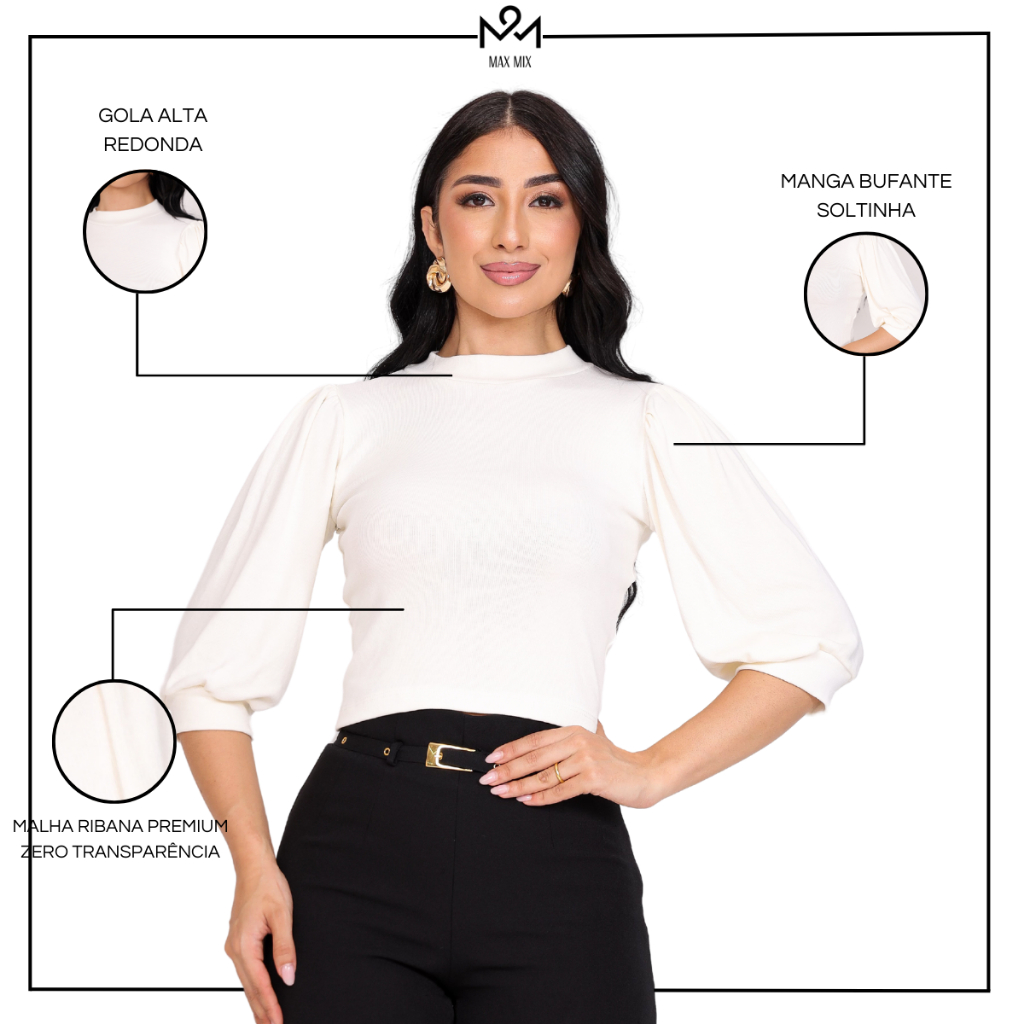 Blusa Feminina Modeladora Manga Bufante Soltinha Larguinha Gola Redonda ...