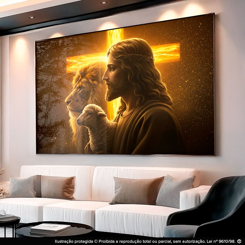 Quadro Decorativo 1 peça Jesus Reis dos Reis Leão Ovelha Cruz Religioso ...