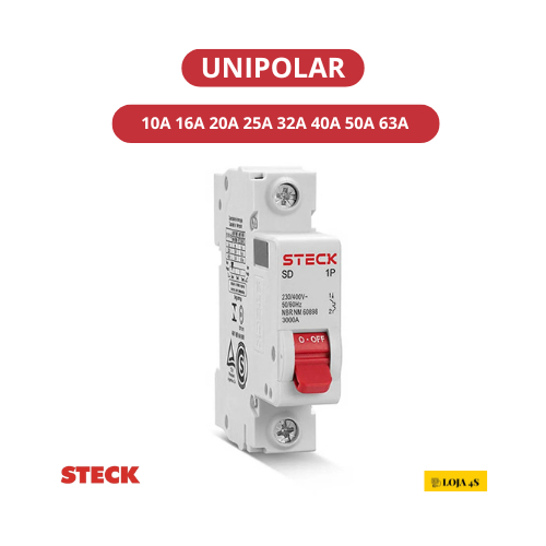 Disjuntor Unipolar 1 Polo Steck 10A 16A 20A 25A 32A 40A 50A 63A | Shopee Brasil