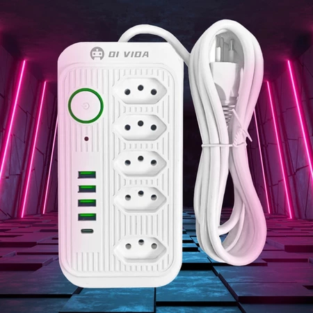 OIVIDA Extensão Elétrica 2m/5m 10A 5 Tomadas 4 USB 1 Tipo-C Universal Bivolt Power 110v/220v ...