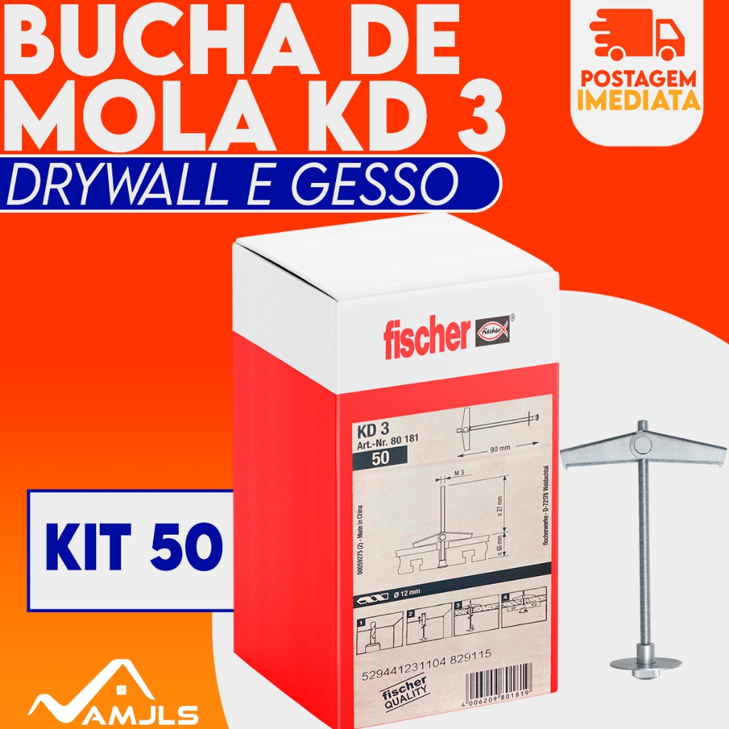 Kit 50 Bucha Metal Kd3 X 95mm Gesso Drywall - Fischer | Shopee Brasil