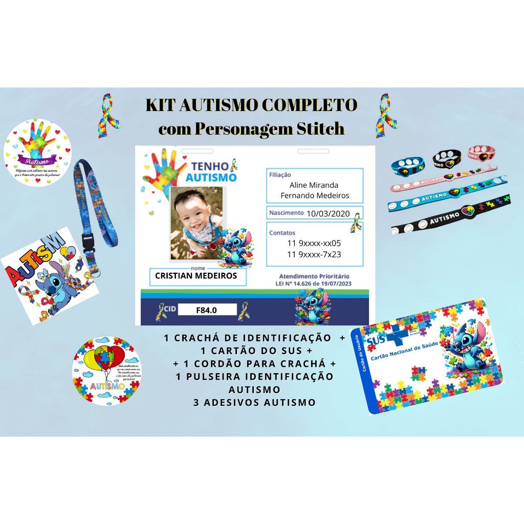 CRACHÁ AUTISMO DO STITCH+CARTÃO DO SUS+CORDÃO+3 ADESIVOS STITCH ...