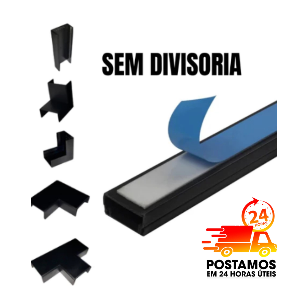 4 Metros Canaleta Organizador de Fios Preta 20x10mm Sistema X Com Fita ...