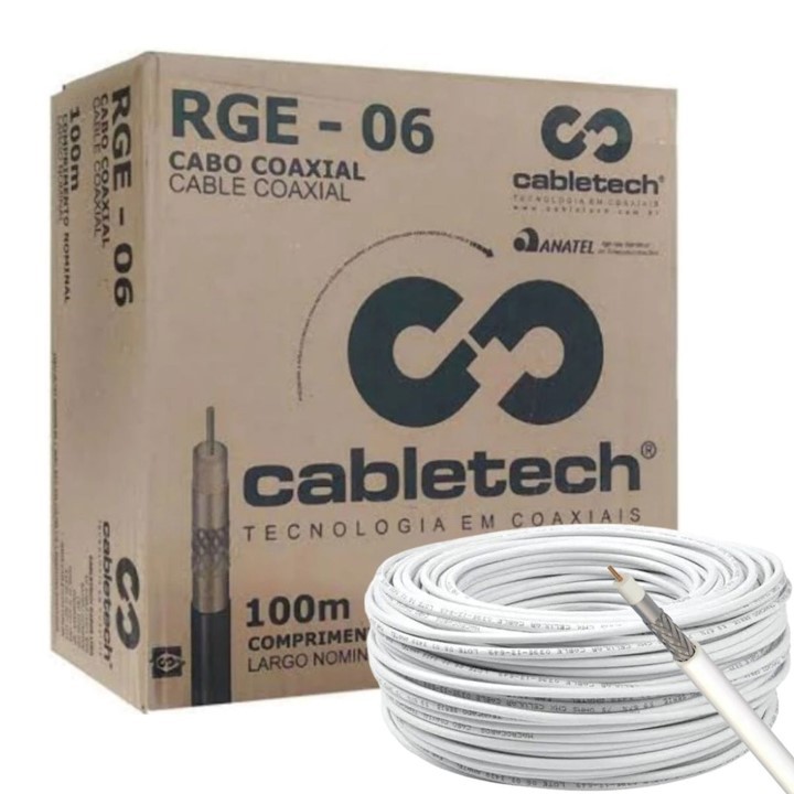 Cabo Coaxial RG6 100m Branco Malha 90% Cabletech Caixa Fechada | Shopee ...