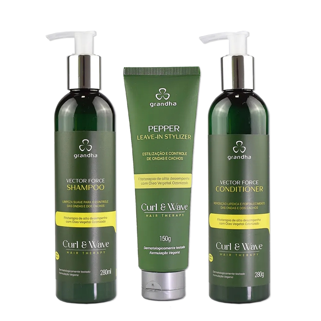 Kit Grandha Curl & Wave Vector Force Shampoo 280ml + Condicionador 280g + Leave-in Stylizer 150g ...