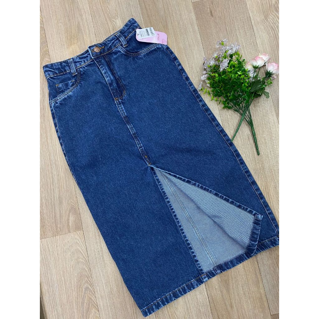 saia jeans midi, fenda frente | Shopee Brasil
