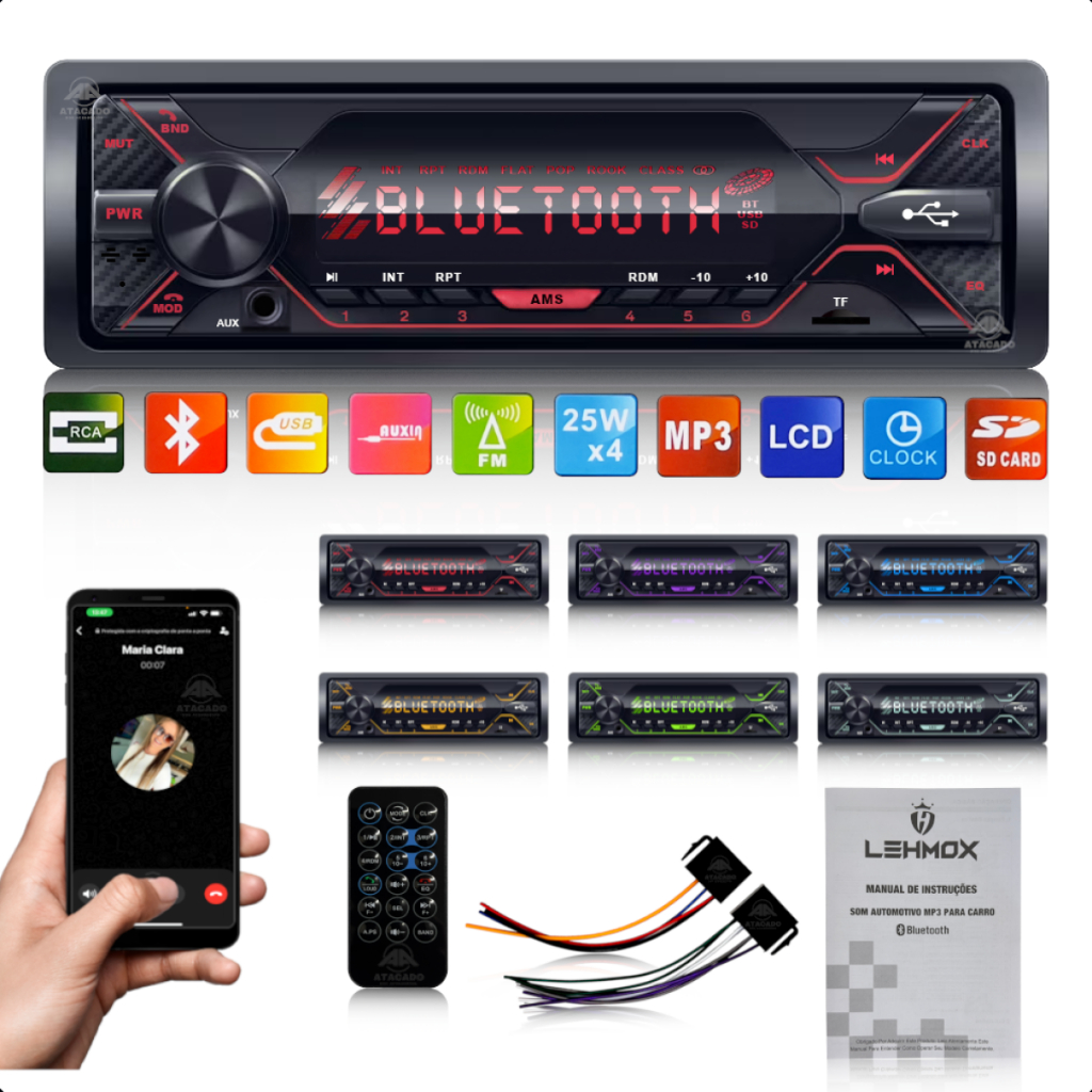 Radio pra carro MP3 bluetooth Aparelho de som automotivo 7 Cores LED q ...