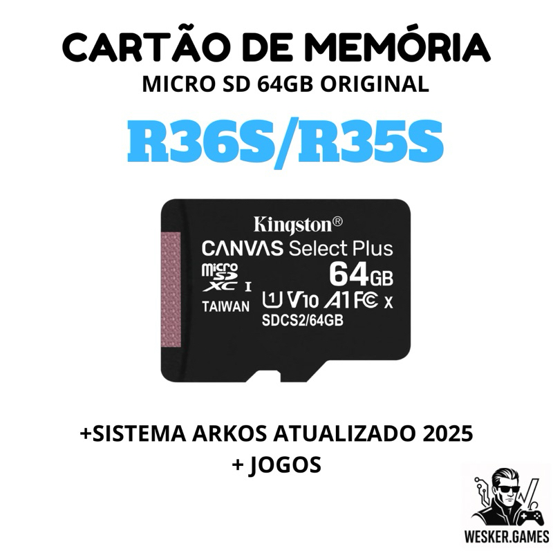 Cartão de Memória Micro SD 64GB Original Com Sistema ArkOS Última versão 2025 + Jogos P/Portátil ...