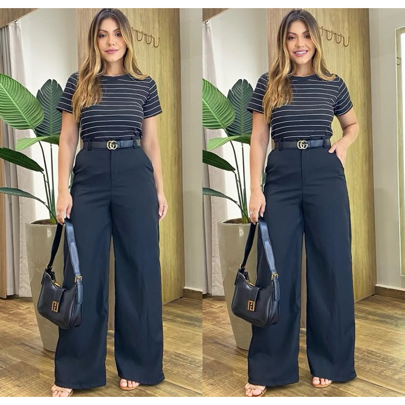 Calça Pantalona Feminina Alfaiataria Tecido Marrant com Bolsos e Botão ...