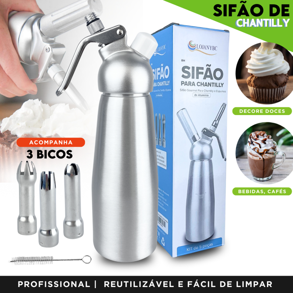 Garrafa De Chantilly Sifão Profissional De Aço Inox 500ml - 3 Bicos ...
