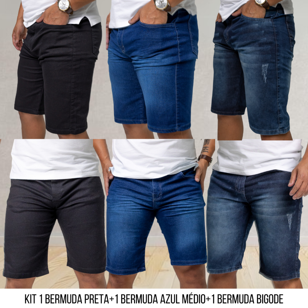 Kit 3 Bermuda Masculina Jeans Com Elastano 1 Preta +1 Azul USED+1 Azul ...