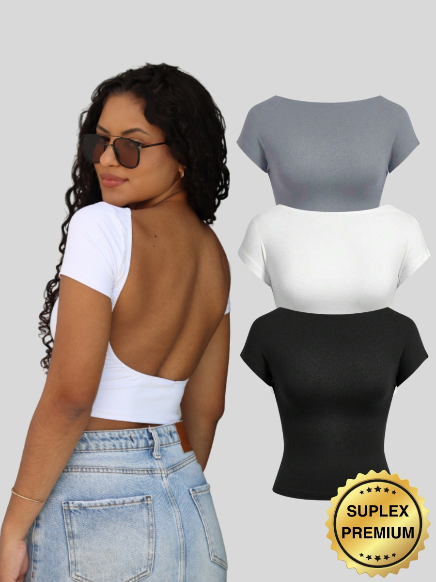 Cropped Costa Nua Feminina Ombro a Ombro manga curta Suplex Baby Tee Liso Casual Básico Tecido ...