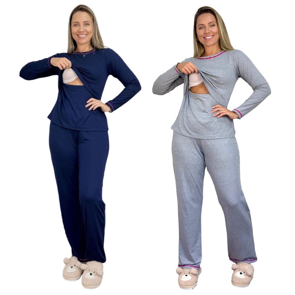 Kit 2 Conjunto Pijama Inverno Amamentação Premium Feminino Maternidade ...