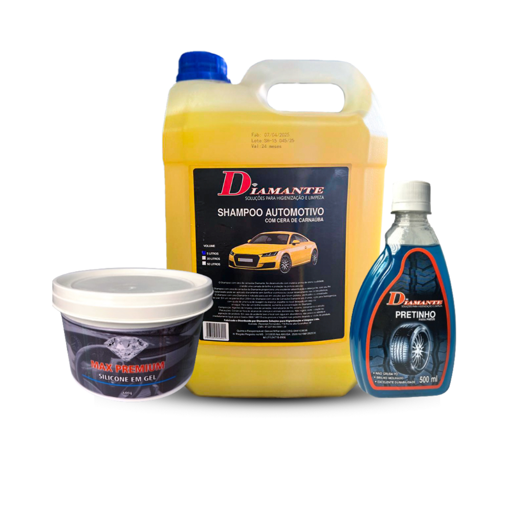 Shampoo automotivo com cera 5l 1x15, silicone em gel 600g e pretinho ...