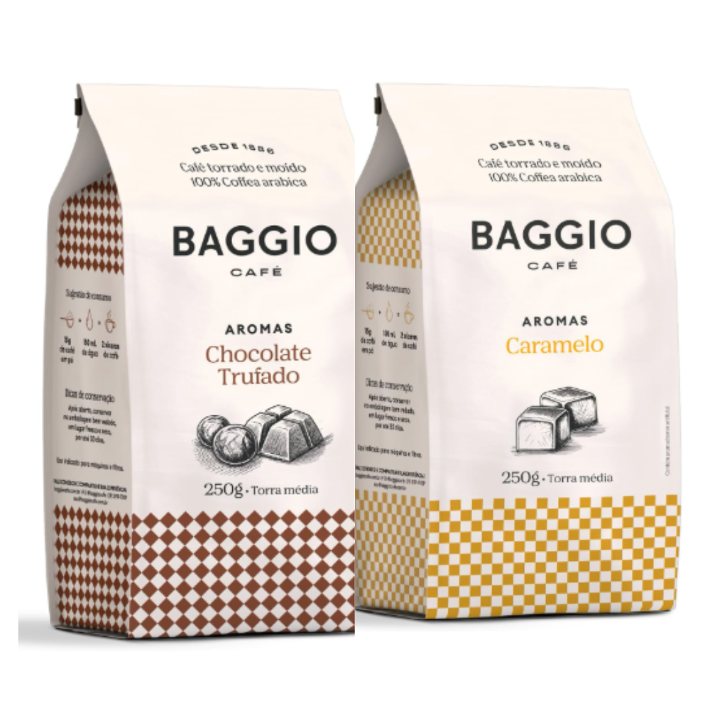 Kit com 500g Café Baggio sendo 2 Pacotes Aromas Caramelo e Chocolate ...