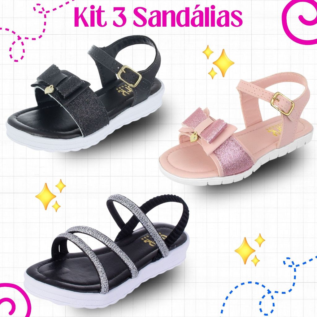 Kit 03 Pares de Sandália Rasteira Infantil Feminina Laço Brilho Menina ...