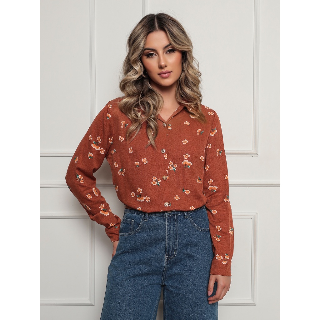 Blusa Camisa Feminina Estampada Florzinha Viscolinho Manga Longa Casual ...