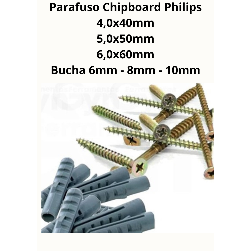 Kit c/10 parafusos philips Chipboard bucha 6mm 8mm 10mm plastica ...